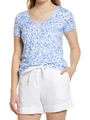 Caslon U-Neck T-Shirt White- Blue Milla Floral