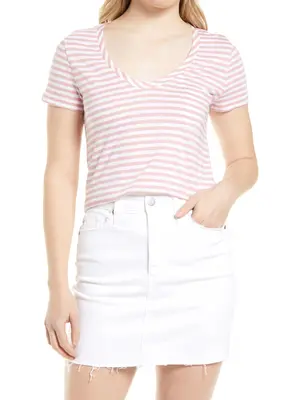 Caslon U-Neck T-Shirt White- Pink B Brooke Stripe