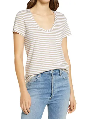 Caslon U-Neck T-Shirt White- Tan Stripe