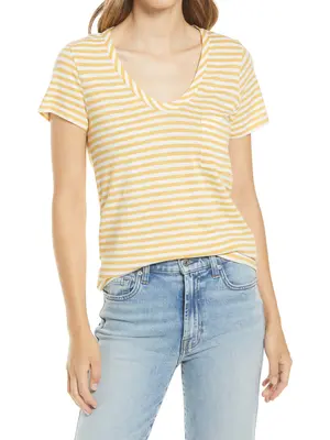 Caslon U-Neck T-Shirt Yellow- Ivory Stripe