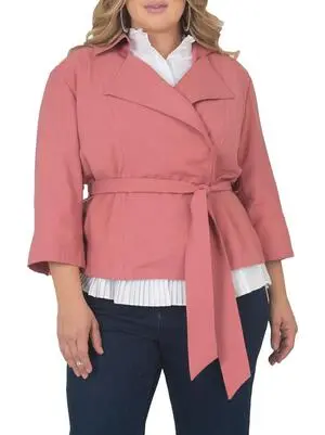 STANDARDS & PRACTICES Belted Cropped Jacket With Notched Lapels And 3/4 Sleeves - Pink