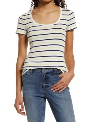 Caslon Short Sleeve Scoop Neck Tee - Ivory- Yellow Navy Stripe