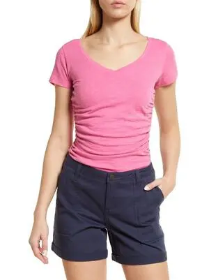 Caslon Shirred V-neck Tee - Pink Ibis