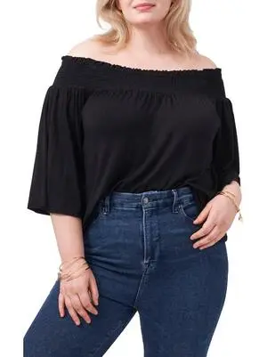 1.State Off-the-shoulder Smocked Knit Top - Rich Black