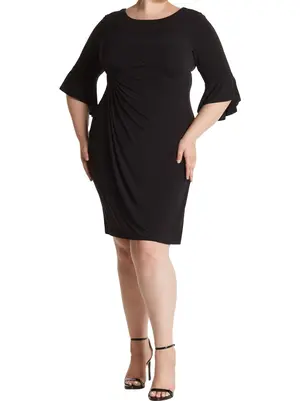 CONNECTED APPAREL Gathered Faux Wrap Dress - Black