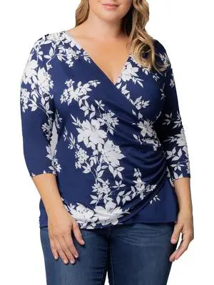 KIYONNA Faux-wrap Top - Navy Floral Print