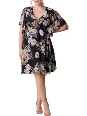 KIYONNA Florence Flutter Sleeve Dress - Midnight Peony Print