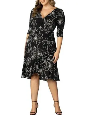 KIYONNA Kiyonna Flirty Flounce Wrap Dress Black Florals