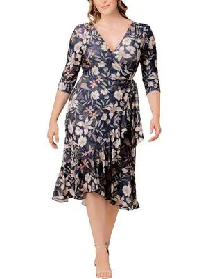 KIYONNA Kiyonna Flirty Flounce Wrap Dress Soft Navy Florals