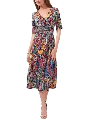 Chaus Chaus V-neck Faux Wrap Midi Dress Navy/ Multi