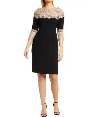 Shani Crepe & Lace Sheath Dress - Black/gold