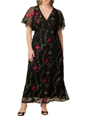 KIYONNA Embroidered Floral Gown - Black/red Floral