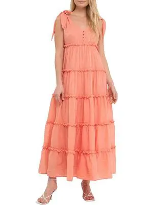 FREE THE ROSES Tiered Maxi Dress With Shoulder Ties - Orange