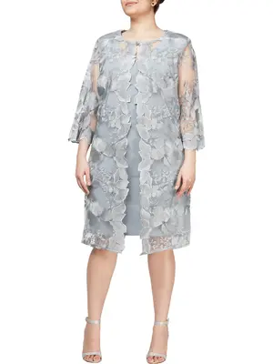 Alex Evenings Embroidered Lace Jacket Dress Dove