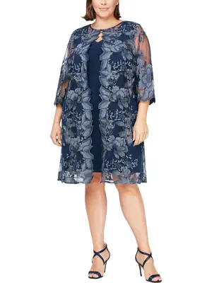 Alex Evenings Embroidered Lace Jacket Dress Navy