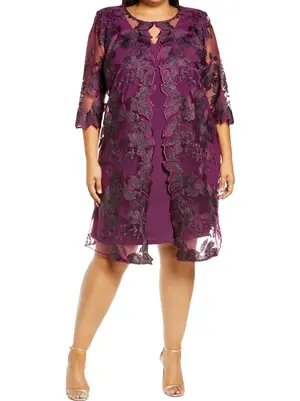 Alex Evenings Embroidered Lace Jacket Dress Plum