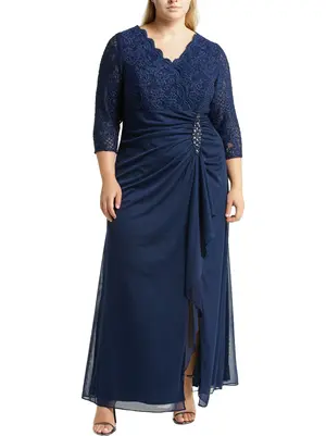 Alex Evenings Beaded Lace Bodice Empire Waist Gown - Navy