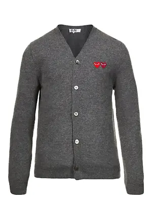 Play Comme Des Garcon Logo-Embroidered V-Neck Wool Cardigan Grey