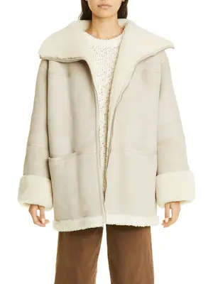 TOTEME TOTEME Oversize Genuine Shearling Zip-Up Coat Macadamia