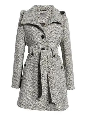 Gallery Belted Hooded A-line Coat - Black/white