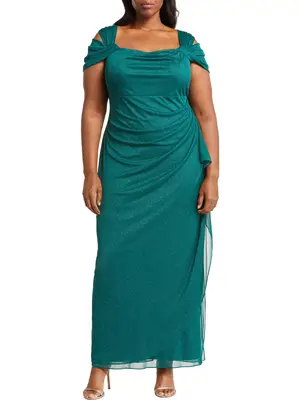 Alex Evenings Alex Evenings Cold Shoulder Glitter Column Gown Emerald Green