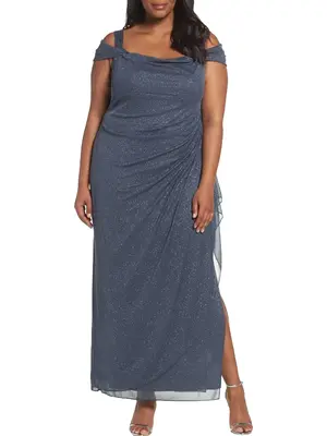 Alex Evenings Alex Evenings Cold Shoulder Glitter Column Gown Smoke
