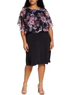 CONNECTED APPAREL Floral Overlay Cape Dress - Navy