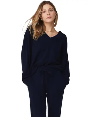Alo Yoga Cashmere V-Neck Pullover Top Navy