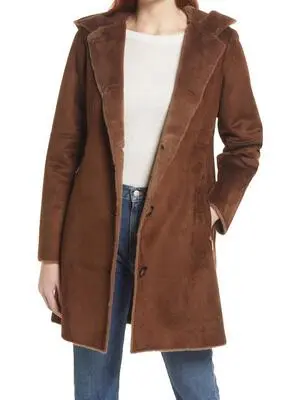 Gallery Hooded Faux Suede & Faux Shearling A-line Coat - Brown