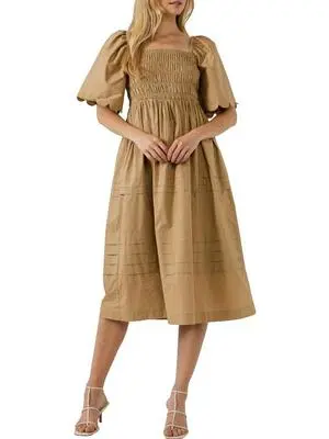 English Factory Scallop Detail Midi Dress - Tan