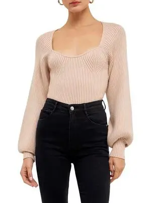 Endless Rose Ribbed Bishop Sleeve Top - Beige