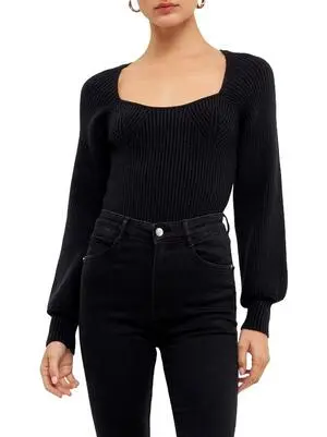 Endless Rose Ribbed Bishop Sleeve Top - Black