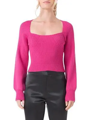 Endless Rose Ribbed Bishop Sleeve Top - Fuchsia