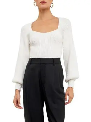 Endless Rose Ribbed Bishop Sleeve Top - White
