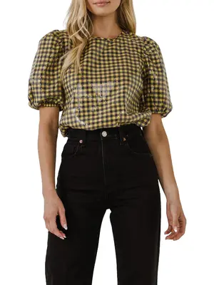 English Factory English Factory Sequin Gingham Top Yellow/navy