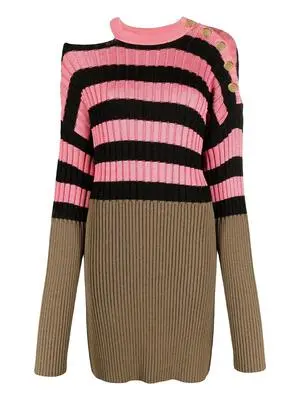 BALMAIN Striped Ribbed-Knit Mini Dress