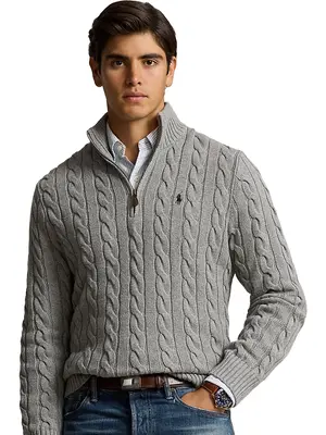 Ralph Lauren Cable-Knit Quarter-Zip Sweater Fawn Grey Heather