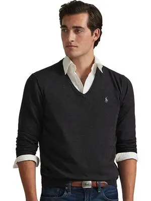 Ralph Lauren Cotton V-neck Sweater - Dark Granite Heather