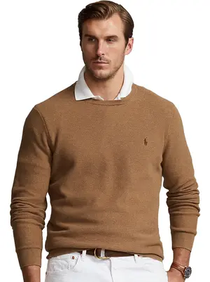 Ralph Lauren Mesh-Knit Cotton Crewneck Sweater Latte Brown Heather