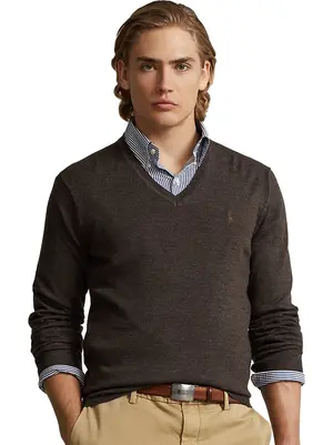 Ralph Lauren V-Neck Wool Sweater Brown Heather