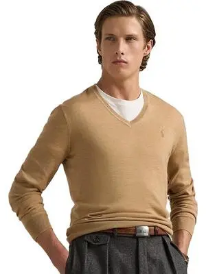 Ralph Lauren V-neck Wool Sweater - Camel Melange