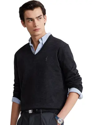Ralph Lauren V-Neck Wool Sweater Dark Granite Heather