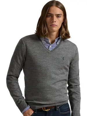 Ralph Lauren V-Neck Wool Sweater Fawn Grey Heather