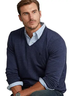 Ralph Lauren V-Neck Wool Sweater Fresco Blue Heather