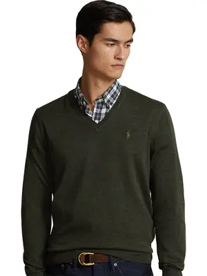 Ralph Lauren V-Neck Wool Sweater Olive Heather
