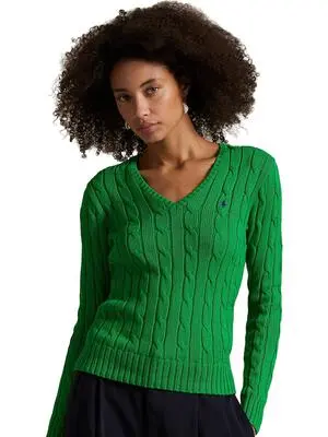 Ralph Lauren Cable-Knit Cotton V-Neck Sweater Green