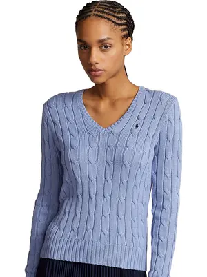 Ralph Lauren Cable-knit Cotton V-neck Sweater - New Litchfield Blue