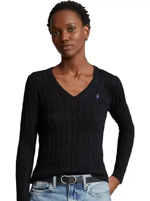 Ralph Lauren Ralph Lauren Cable-Knit Cotton V-Neck Sweater Polo Black
