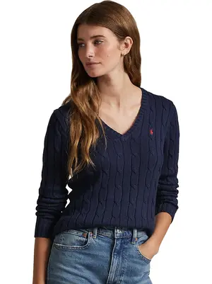 Ralph Lauren Ralph Lauren Cable-Knit Cotton V-Neck Sweater Polo Black/white Pp