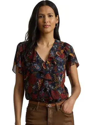 Ralph Lauren Floral Ruffle-trim Georgette Blouse - Navy Multi